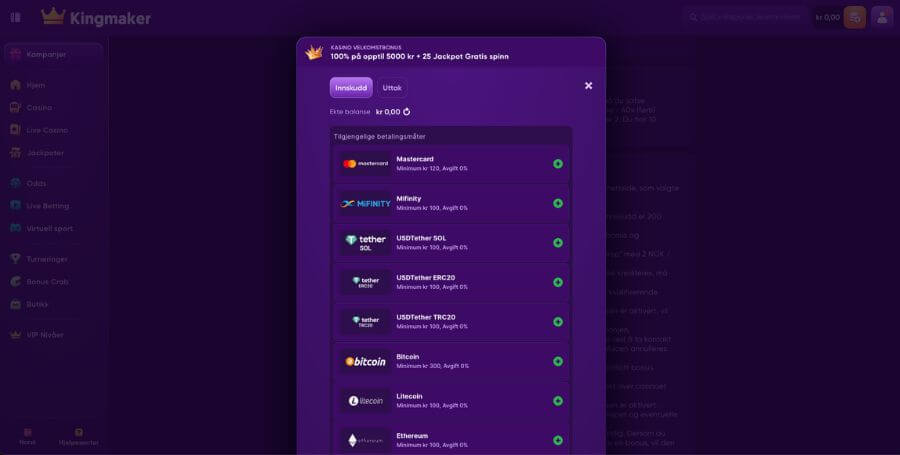 Kingmaker Casino Anmeldelse 2024 - 100% Opptil 5000 kr Bonus!