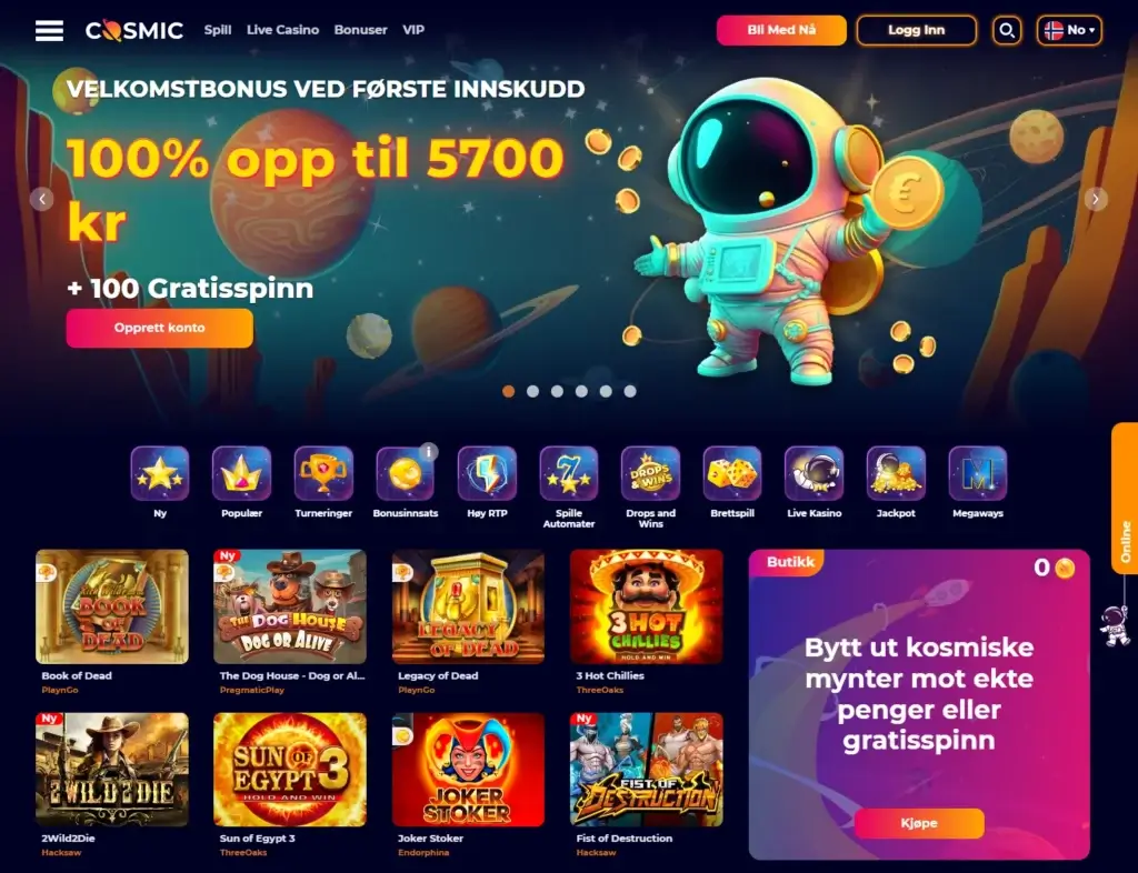 Cosmicslot Anmeldelse 2025 | 100% opptil 5700 kr + 100 free spins